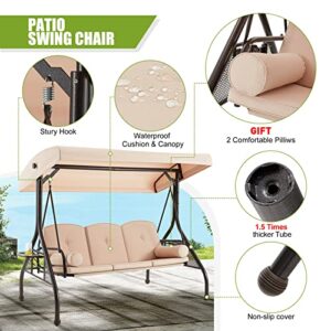 GYUTEI 3-Seat Outdoor Patio Swing Chair,Porch Swing Chair with Adjustable Backrest and Canopy,Outdoor Porch Swing Glider Chair,w/Cushions,Pillows and Cup Holders for Porch,Backyard(Khaki)