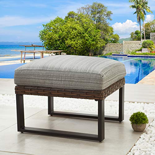 LOKATSE HOME Patio Ottoman Wicker Outdoor Footstool Rest Small Seat Rattan Furniture Cushioned Coffee Table Steel U-Shape Legs for Garden Yard Lawn Deck Poolside, Grey