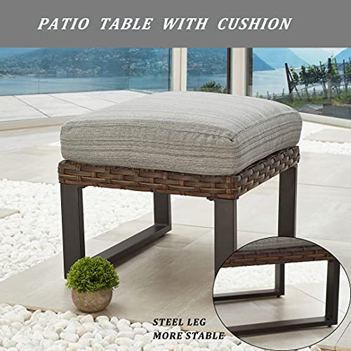 LOKATSE HOME Patio Ottoman Wicker Outdoor Footstool Rest Small Seat Rattan Furniture Cushioned Coffee Table Steel U-Shape Legs for Garden Yard Lawn Deck Poolside, Grey