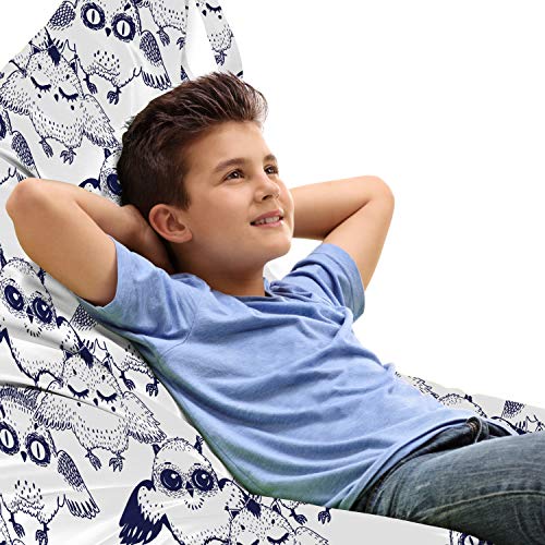 Lunarable Bird Print Lounger Chair Bag, Monochrome Style Hand Drawn Owls in Sketchy Design on a Plain Background, High Capacity Storage with Handle Container, Lounger Size, Indigo and White