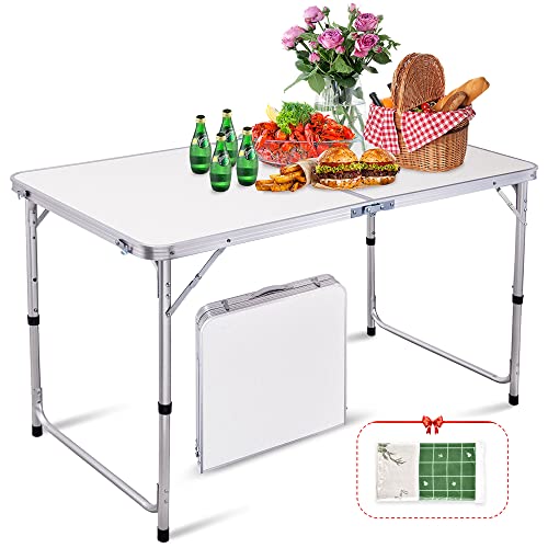 AOSION-Folding Table,48"x24" 4FT Folding Picnic Table,Aluminum Portable Camping Table with Handle,Adjustable Height Plastic Table for Picnic,Party,BBQ,White