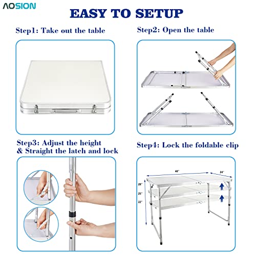 AOSION-Folding Table,48"x24" 4FT Folding Picnic Table,Aluminum Portable Camping Table with Handle,Adjustable Height Plastic Table for Picnic,Party,BBQ,White