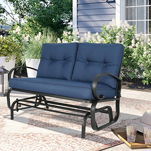 Ulax Furniture Outdoor Loveseat Patio Swing Glider Bench Chair with 100% Olefin Cushion (Navy)