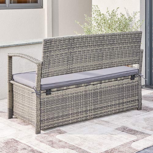 VIFAH V1924 Gabrielle All-Weather Resin Wicker Lounge Patio Sofa Storage Bench in Grey with Cushion, Gray