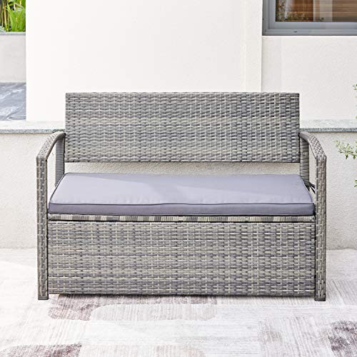 VIFAH V1924 Gabrielle All-Weather Resin Wicker Lounge Patio Sofa Storage Bench in Grey with Cushion, Gray