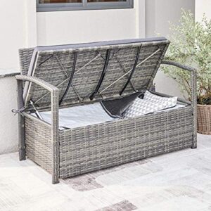 VIFAH V1924 Gabrielle All-Weather Resin Wicker Lounge Patio Sofa Storage Bench in Grey with Cushion, Gray