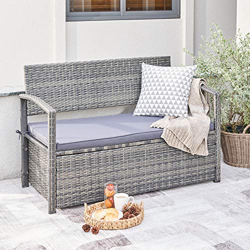 VIFAH V1924 Gabrielle All-Weather Resin Wicker Lounge Patio Sofa Storage Bench in Grey with Cushion, Gray