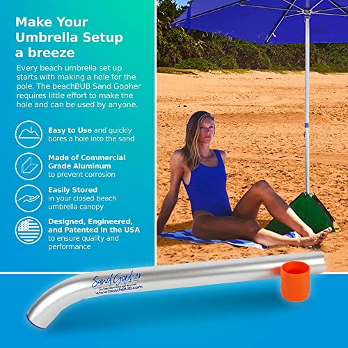 BEACHBUB Sand Gopher - Aluminum Sand Digger Tool - Make Firm Compact 15'' Holes for Beach Umbrella, Sand Anchor or Base, Beach Umbrella Accessories, Alternative to Beach Umbrella Drill or Sand Auger