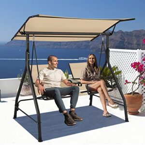 Tangkula 2 Person Porch Swing, Outdoor Swing with Tempered Glass Table, 2 Cup Holder, Patio Swing with Adjustable Canopy for Garden, Porch, Backyard