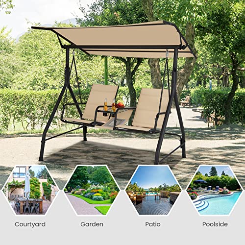 Tangkula 2 Person Porch Swing, Outdoor Swing with Tempered Glass Table, 2 Cup Holder, Patio Swing with Adjustable Canopy for Garden, Porch, Backyard