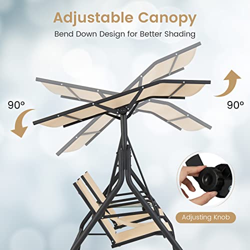 Tangkula 2 Person Porch Swing, Outdoor Swing with Tempered Glass Table, 2 Cup Holder, Patio Swing with Adjustable Canopy for Garden, Porch, Backyard