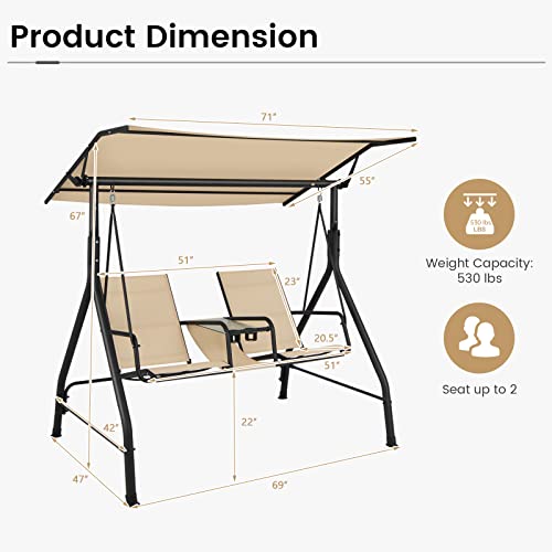 Tangkula 2 Person Porch Swing, Outdoor Swing with Tempered Glass Table, 2 Cup Holder, Patio Swing with Adjustable Canopy for Garden, Porch, Backyard