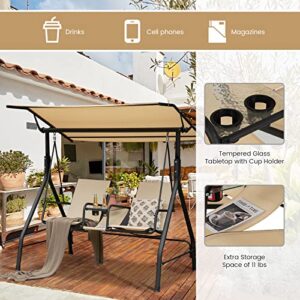 Tangkula 2 Person Porch Swing, Outdoor Swing with Tempered Glass Table, 2 Cup Holder, Patio Swing with Adjustable Canopy for Garden, Porch, Backyard