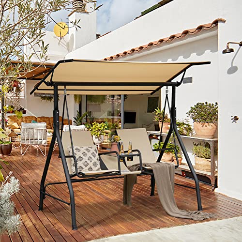 Tangkula 2 Person Porch Swing, Outdoor Swing with Tempered Glass Table, 2 Cup Holder, Patio Swing with Adjustable Canopy for Garden, Porch, Backyard