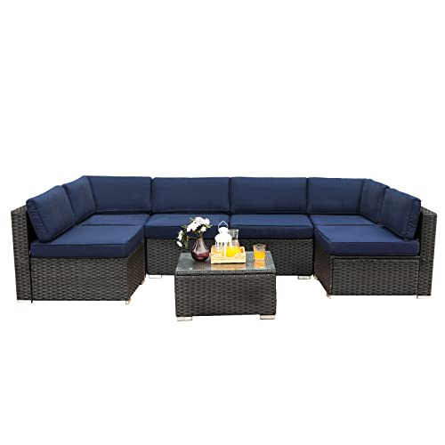 PHI VILLA Patio Furniture Set 7 Pieces Outdoor Sectional Rattan Sofa Set Manual Wicker Patio Conversation Set with 6 Navy Blue Cushions and 1 Tempered Glass Table