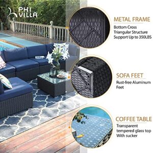 PHI VILLA Patio Furniture Set 7 Pieces Outdoor Sectional Rattan Sofa Set Manual Wicker Patio Conversation Set with 6 Navy Blue Cushions and 1 Tempered Glass Table