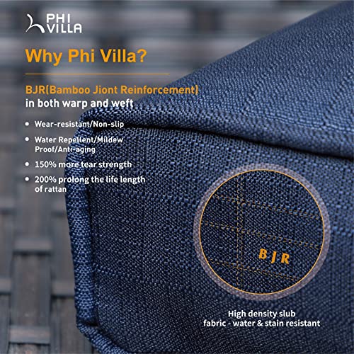 PHI VILLA Patio Furniture Set 7 Pieces Outdoor Sectional Rattan Sofa Set Manual Wicker Patio Conversation Set with 6 Navy Blue Cushions and 1 Tempered Glass Table