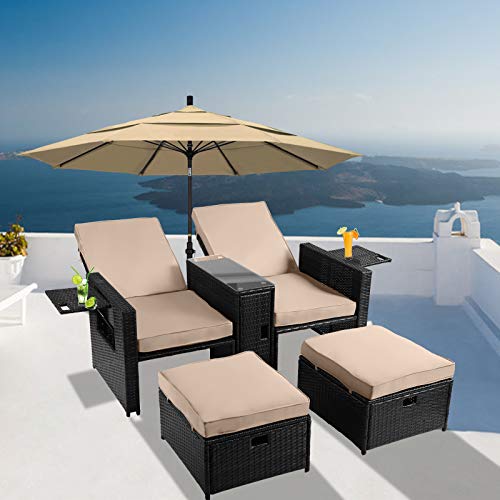 VUYUYU 5PCS Patio Wicker Furniture Set - Outdoor PE Rattan Loveseat Sofa with Adjustable Backrest, Coffee Table, Ottoman - Patio Lounge Chair for Garden, Beach, Poolside, Balcony, Backyard, Deck