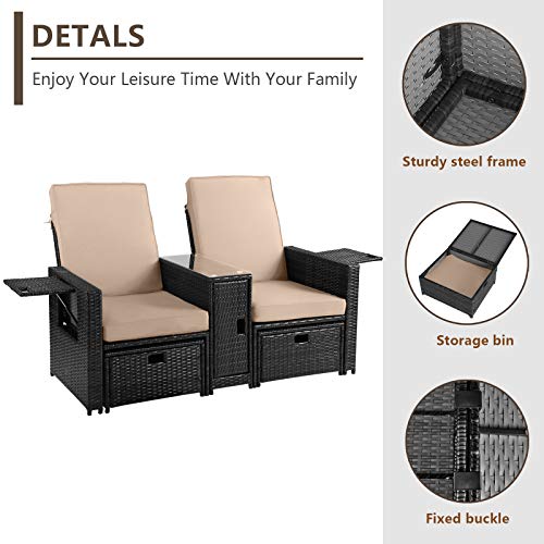 VUYUYU 5PCS Patio Wicker Furniture Set - Outdoor PE Rattan Loveseat Sofa with Adjustable Backrest, Coffee Table, Ottoman - Patio Lounge Chair for Garden, Beach, Poolside, Balcony, Backyard, Deck