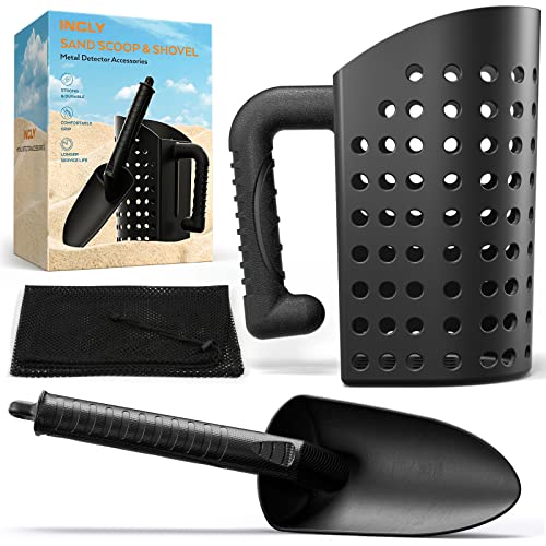 INCLY Sand Scoop & Shovel, Detecting Accessories for Kid & Adult Metal Detector, Sand Sifter Treasure Hunting & Digging Tool at The Beach & More, Black - Come with Mesh Bag