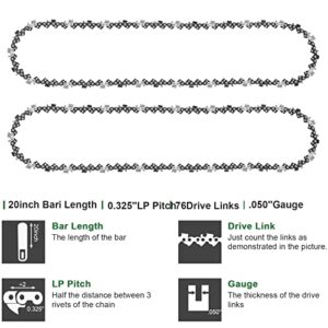 4 Pack 20 Inch Chainsaw Chain 0.325 Pitch .050 Inch Gauge 76 Drive Links with 2 Sharpening Files Heavy Duty Carbon Steel Chains Fit Most Major Chainsaw Brands