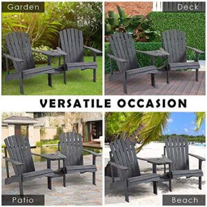 Outsunny Fire Pit Seating, 2 Wooden Adirondack Chairs with Outdoor Table & Umbrella Hole, Wood 2 Person Double Adirondack Bench, Gray