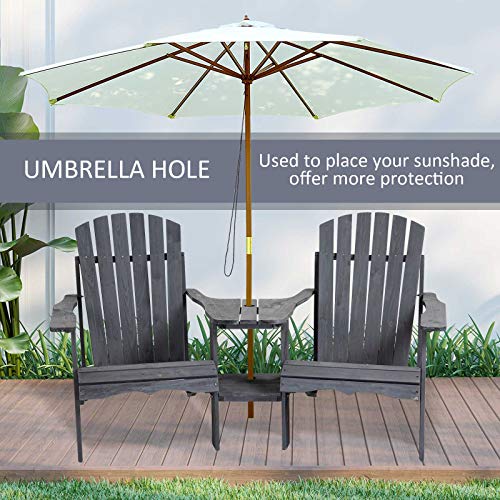 Outsunny Fire Pit Seating, 2 Wooden Adirondack Chairs with Outdoor Table & Umbrella Hole, Wood 2 Person Double Adirondack Bench, Gray