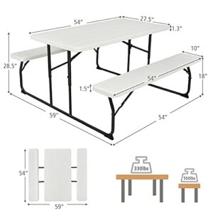 Tangkula Folding Picnic Table with 2 Benches, Outdoor Metal Camping Table Set with Plastic Wood-Like Texture Tabletop & Steel Frame, Foldable Camping Table for Picnic, Party, BBQ (White)