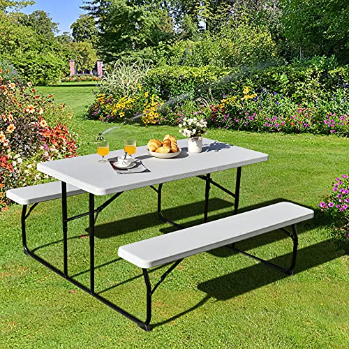 Tangkula Folding Picnic Table with 2 Benches, Outdoor Metal Camping Table Set with Plastic Wood-Like Texture Tabletop & Steel Frame, Foldable Camping Table for Picnic, Party, BBQ (White)