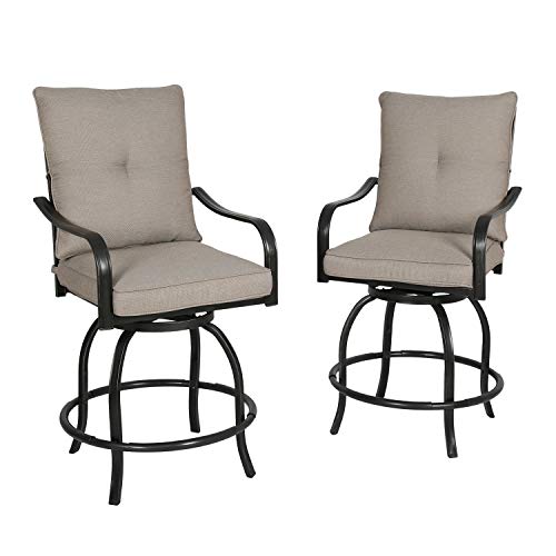 Iwicker 2 Pieces Outdoor Swivel Bar Stools, Patio Counter Height Bistro Chairs with 100% Polyester Cushions, Beige