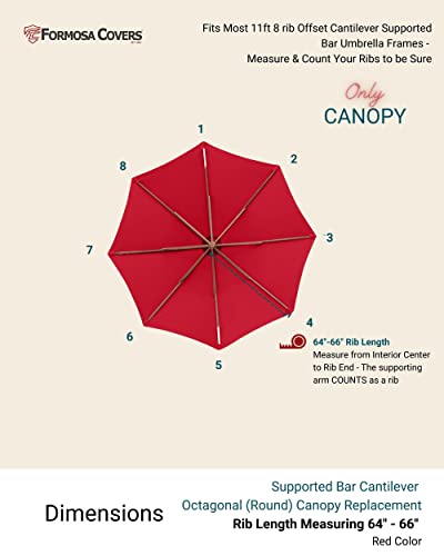 Formosa Covers Replacement Umbrella Canopy for 11ft Supported Bar Cantilever Market Outdoor Patio Shade in Red (Canopy Only) (11ft 8 ribs)