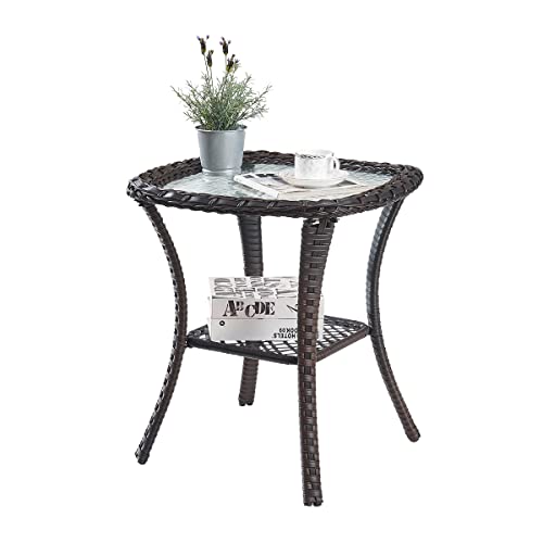 HUMMUH Patio Wicker Side Table Outdoor, Rattan End Table Glass Top Coffee Table with Storage Brown