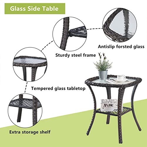 HUMMUH Patio Wicker Side Table Outdoor, Rattan End Table Glass Top Coffee Table with Storage Brown