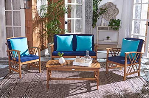 SAFAVIEH Outdoor Collection Fontana Natural/ Navy Cushions/ Blue Pillows 4-Piece Conversation Patio Set