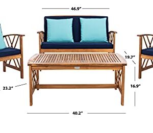 SAFAVIEH Outdoor Collection Fontana Natural/ Navy Cushions/ Blue Pillows 4-Piece Conversation Patio Set