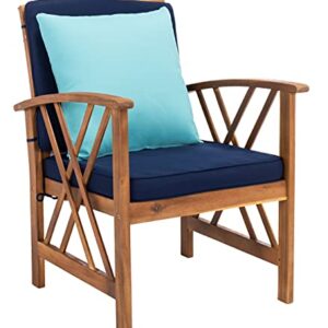 SAFAVIEH Outdoor Collection Fontana Natural/ Navy Cushions/ Blue Pillows 4-Piece Conversation Patio Set