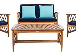 SAFAVIEH Outdoor Collection Fontana Natural/ Navy Cushions/ Blue Pillows 4-Piece Conversation Patio Set