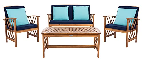 SAFAVIEH Outdoor Collection Fontana Natural/ Navy Cushions/ Blue Pillows 4-Piece Conversation Patio Set