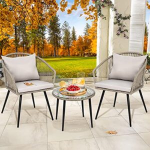 yitahome 3-piece outdoor patio furniture wicker bistro set, all-weather rattan conversation chairs for backyard, balcony and deck with soft cushions, glass side table gray