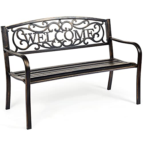 Tangkula Outdoor Steel Garden Bench Park Bench, 50 Inch Patio Welcome Bench with Slated Seat & Floral Design Backrest, Outdoor Bench with Iron Casted Pattern, Suitable for Patio Backyard Garden Park