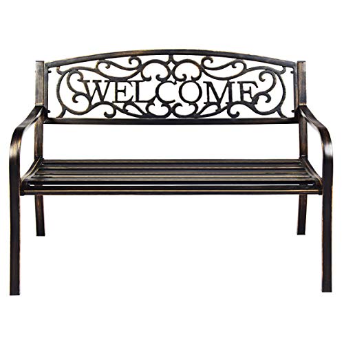 Tangkula Outdoor Steel Garden Bench Park Bench, 50 Inch Patio Welcome Bench with Slated Seat & Floral Design Backrest, Outdoor Bench with Iron Casted Pattern, Suitable for Patio Backyard Garden Park