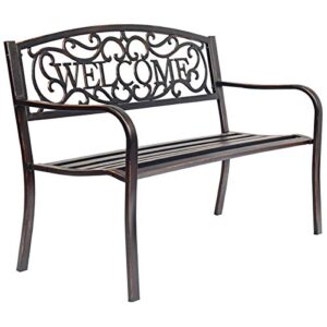 Tangkula Outdoor Steel Garden Bench Park Bench, 50 Inch Patio Welcome Bench with Slated Seat & Floral Design Backrest, Outdoor Bench with Iron Casted Pattern, Suitable for Patio Backyard Garden Park