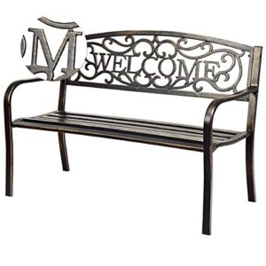 Tangkula Outdoor Steel Garden Bench Park Bench, 50 Inch Patio Welcome Bench with Slated Seat & Floral Design Backrest, Outdoor Bench with Iron Casted Pattern, Suitable for Patio Backyard Garden Park