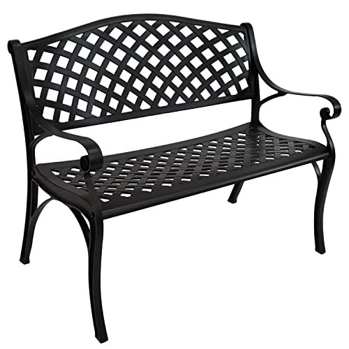 Sunnydaze Outdoor Patio Bench with Black Checkered Design - Durable Cast Aluminum Metal Garden Bench - 2-Person Patio Decor Seating - Front Porch Furniture - Entryway Bench