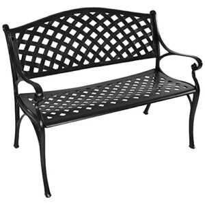 Sunnydaze Outdoor Patio Bench with Black Checkered Design - Durable Cast Aluminum Metal Garden Bench - 2-Person Patio Decor Seating - Front Porch Furniture - Entryway Bench