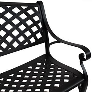 Sunnydaze Outdoor Patio Bench with Black Checkered Design - Durable Cast Aluminum Metal Garden Bench - 2-Person Patio Decor Seating - Front Porch Furniture - Entryway Bench