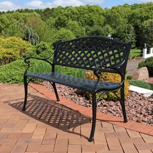 Sunnydaze Outdoor Patio Bench with Black Checkered Design - Durable Cast Aluminum Metal Garden Bench - 2-Person Patio Decor Seating - Front Porch Furniture - Entryway Bench