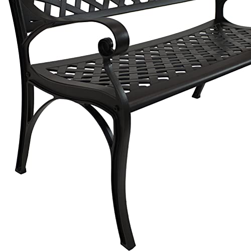 Sunnydaze Outdoor Patio Bench with Black Checkered Design - Durable Cast Aluminum Metal Garden Bench - 2-Person Patio Decor Seating - Front Porch Furniture - Entryway Bench