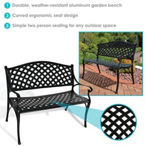 Sunnydaze Outdoor Patio Bench with Black Checkered Design - Durable Cast Aluminum Metal Garden Bench - 2-Person Patio Decor Seating - Front Porch Furniture - Entryway Bench