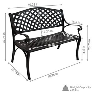 Sunnydaze Outdoor Patio Bench with Black Checkered Design - Durable Cast Aluminum Metal Garden Bench - 2-Person Patio Decor Seating - Front Porch Furniture - Entryway Bench